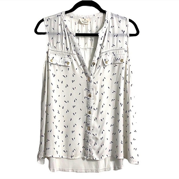 Ember | Tops | Ember Sleeveless White Button Down Top Navy Blue Tiny ...